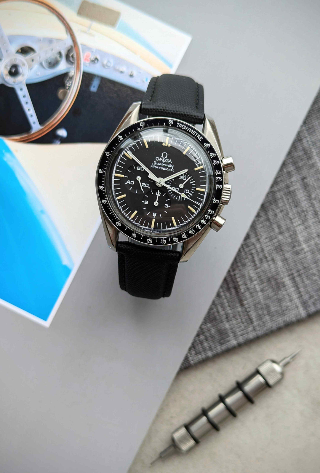 Omega-Style Deployant Sailcloth Watch Strap - Black | The Strap Tailor